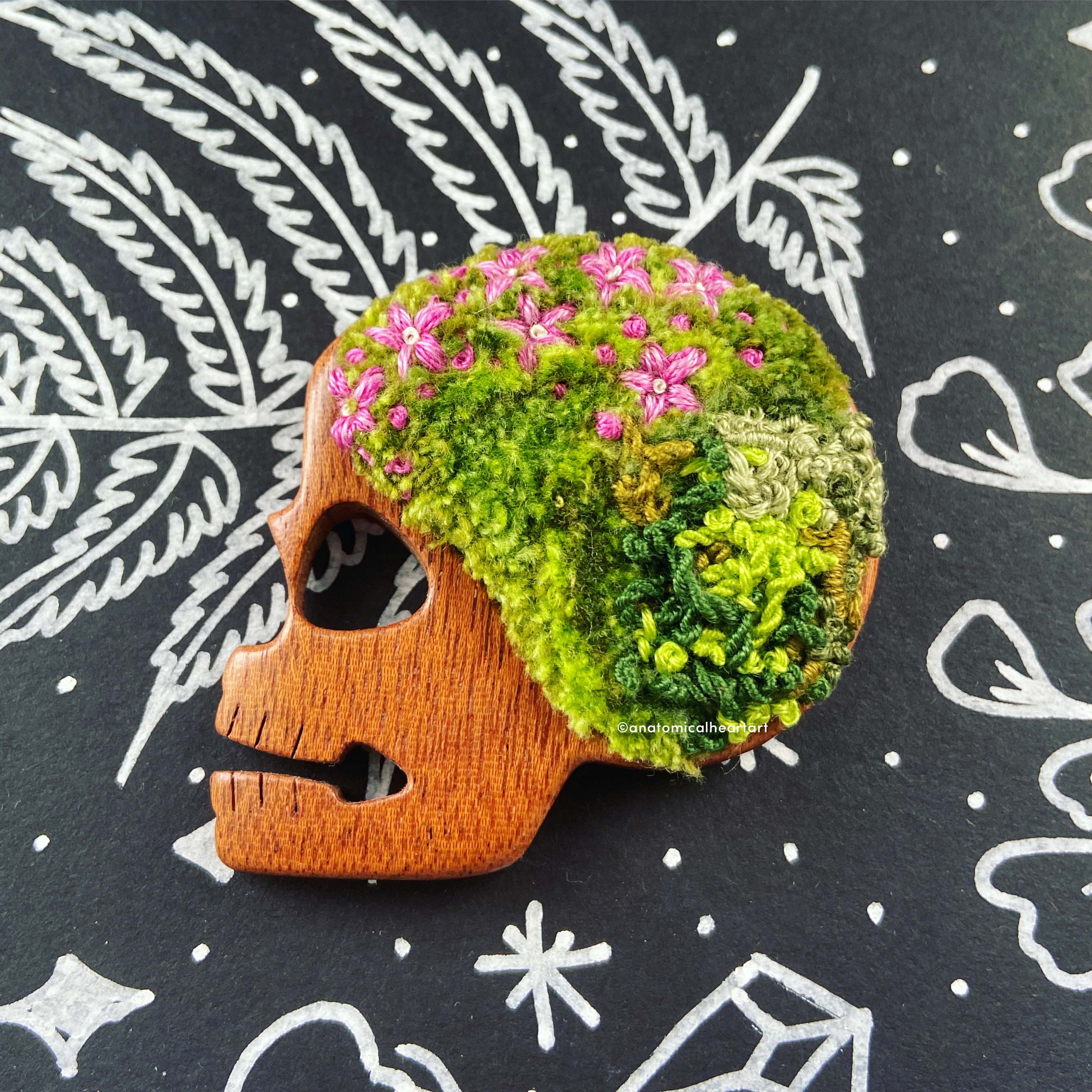 Mossy Skull Embroidery – Anatomical Heart Art